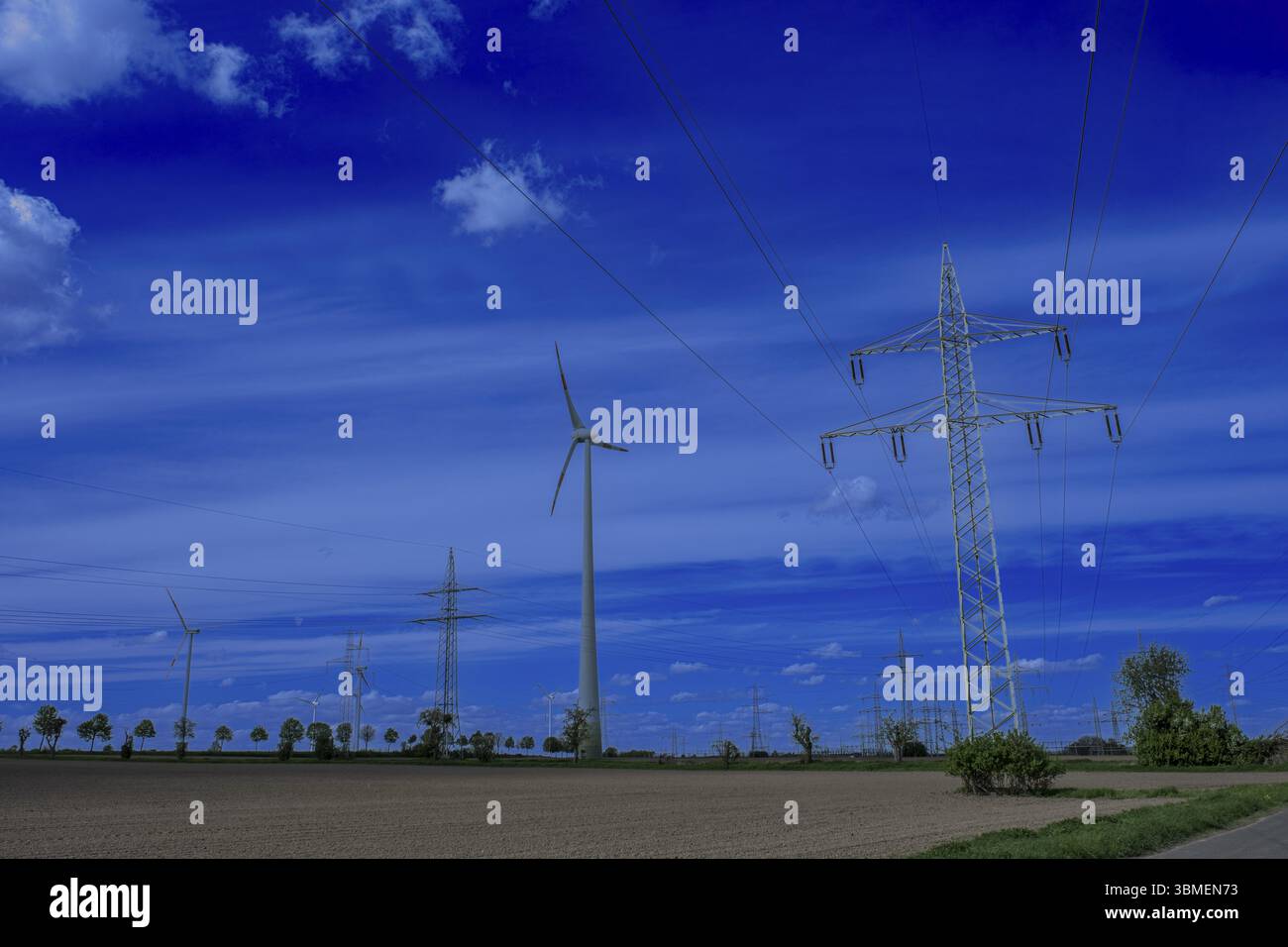 Power pylons with high-voltage lines on the K63 road with trees at the ...