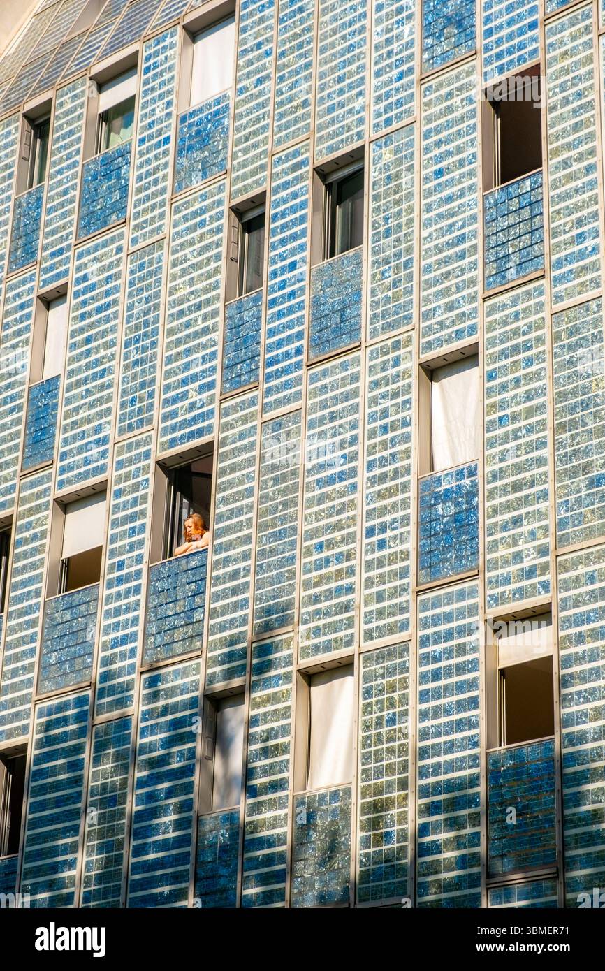 France, Paris, Emmaüs social housing building covered with solar panels ...