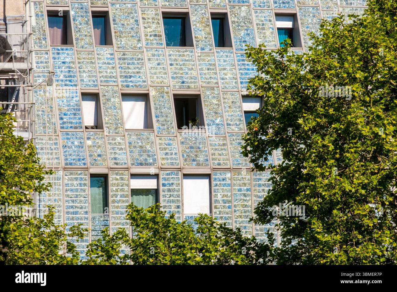 France, Paris, Emmaüs social housing building covered with solar panels ...
