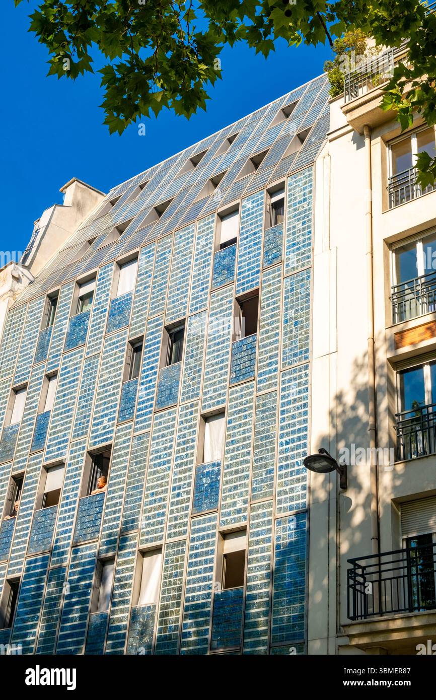 France, Paris, Emmaus social housing building covered with solar panels ...