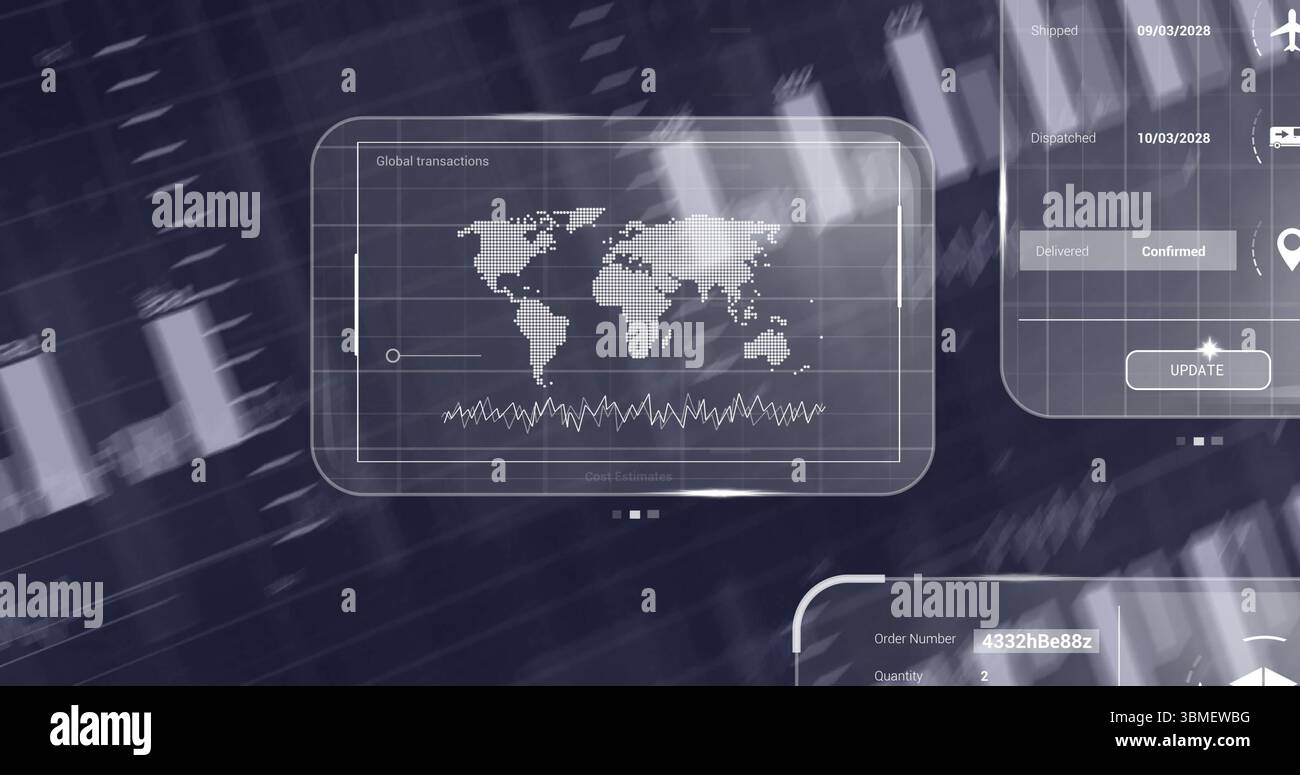 Map panel showing line graph in UI, shipping status panel, UPDATE button, order 4332hBe88z ...