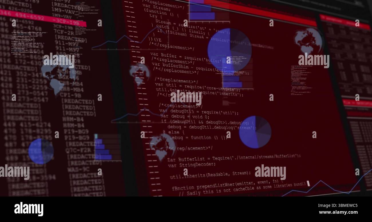 Displaying interface rendering code on console, with blue pie charts, bar graphs, redacted lists ...