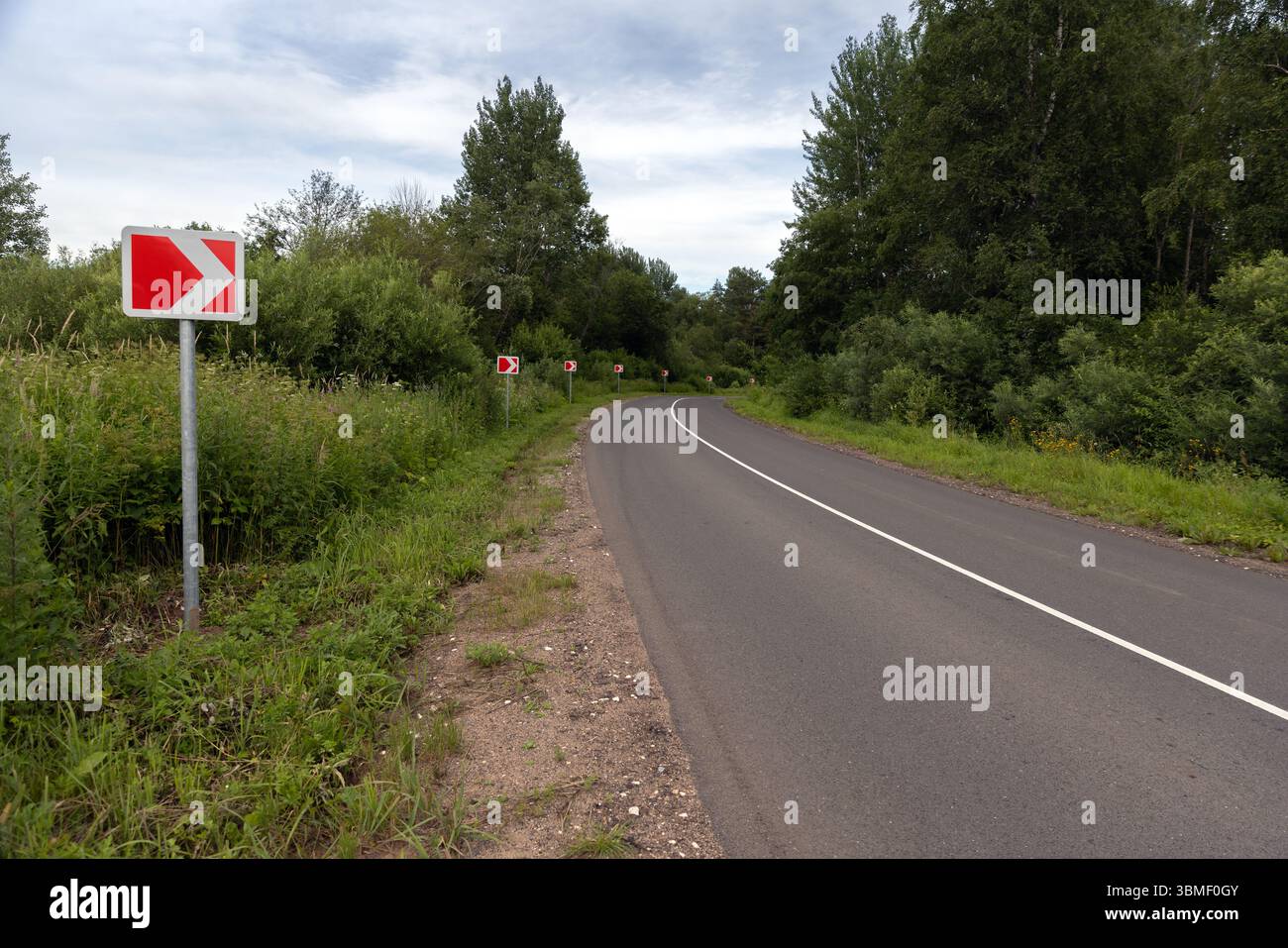 A winding road surrounded by lush greenery and marked with bright road ...