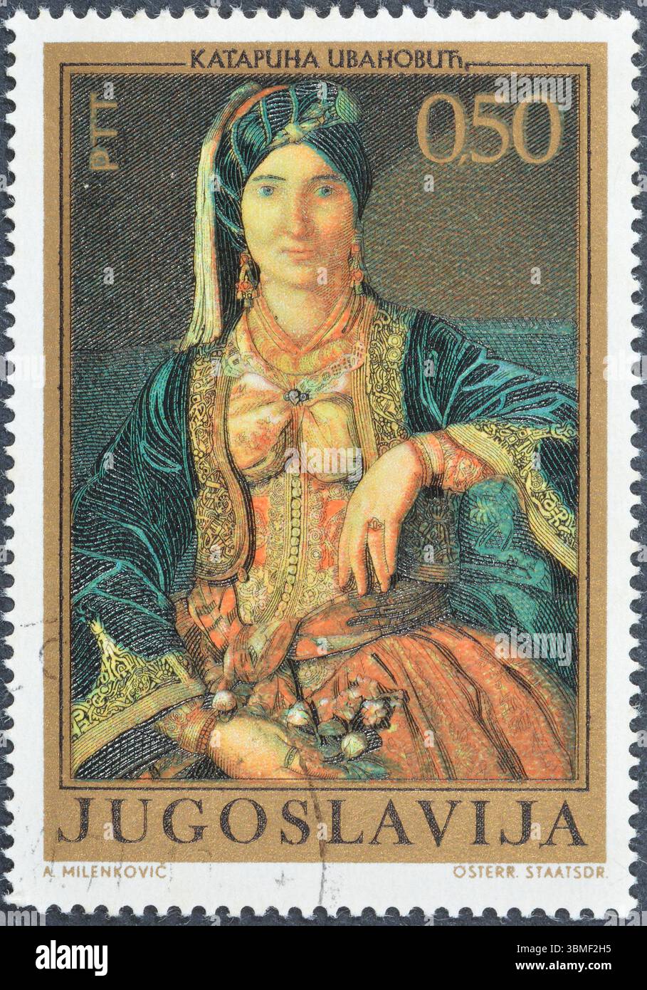 Cancelled postage stamp printed by Yugoslavia, that shows painting Girl ...