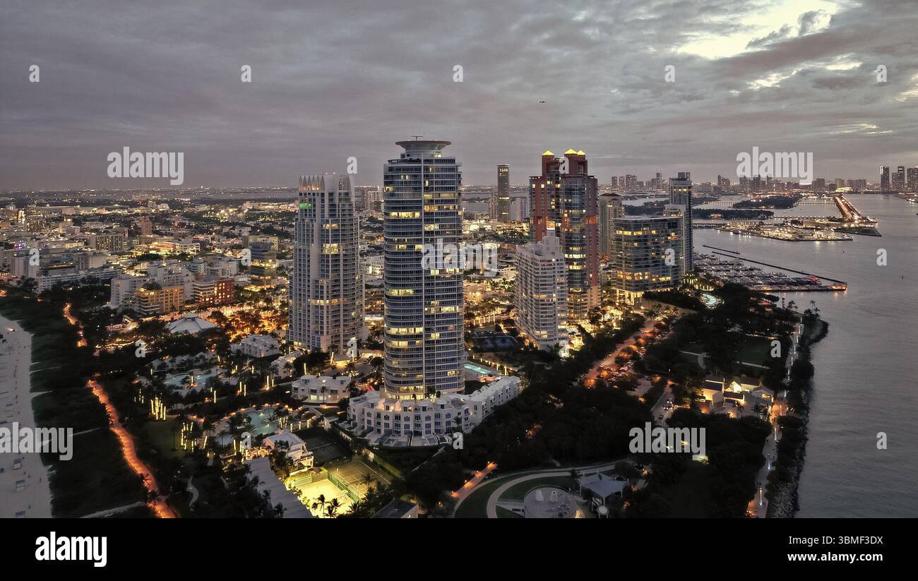 Miami South beach at night. Aerial view on skyscraper cityscape at ...