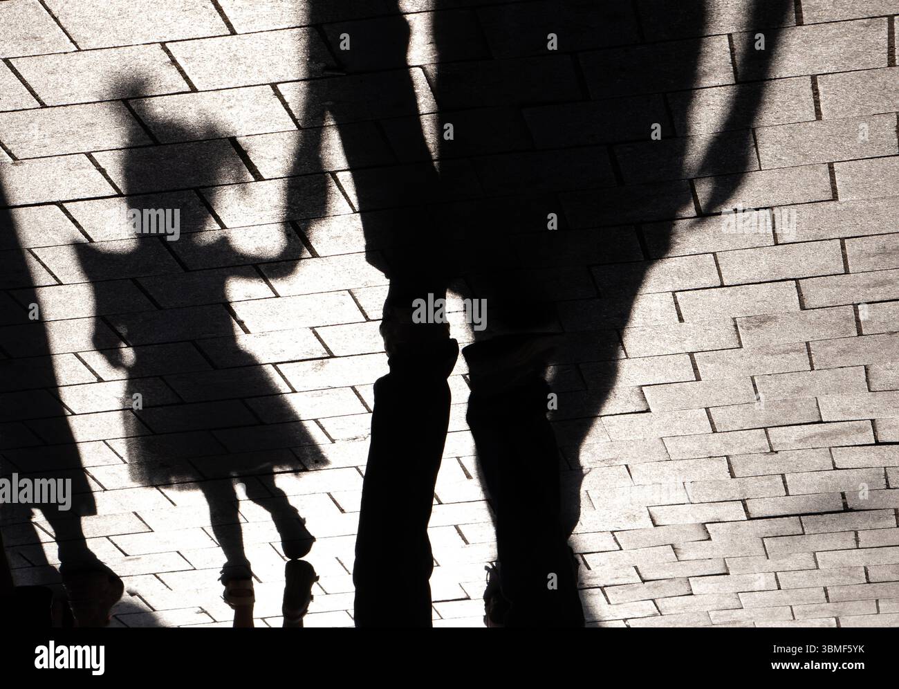 Shadow silhouette of a toddler girl and her parent walking hand in hand ...