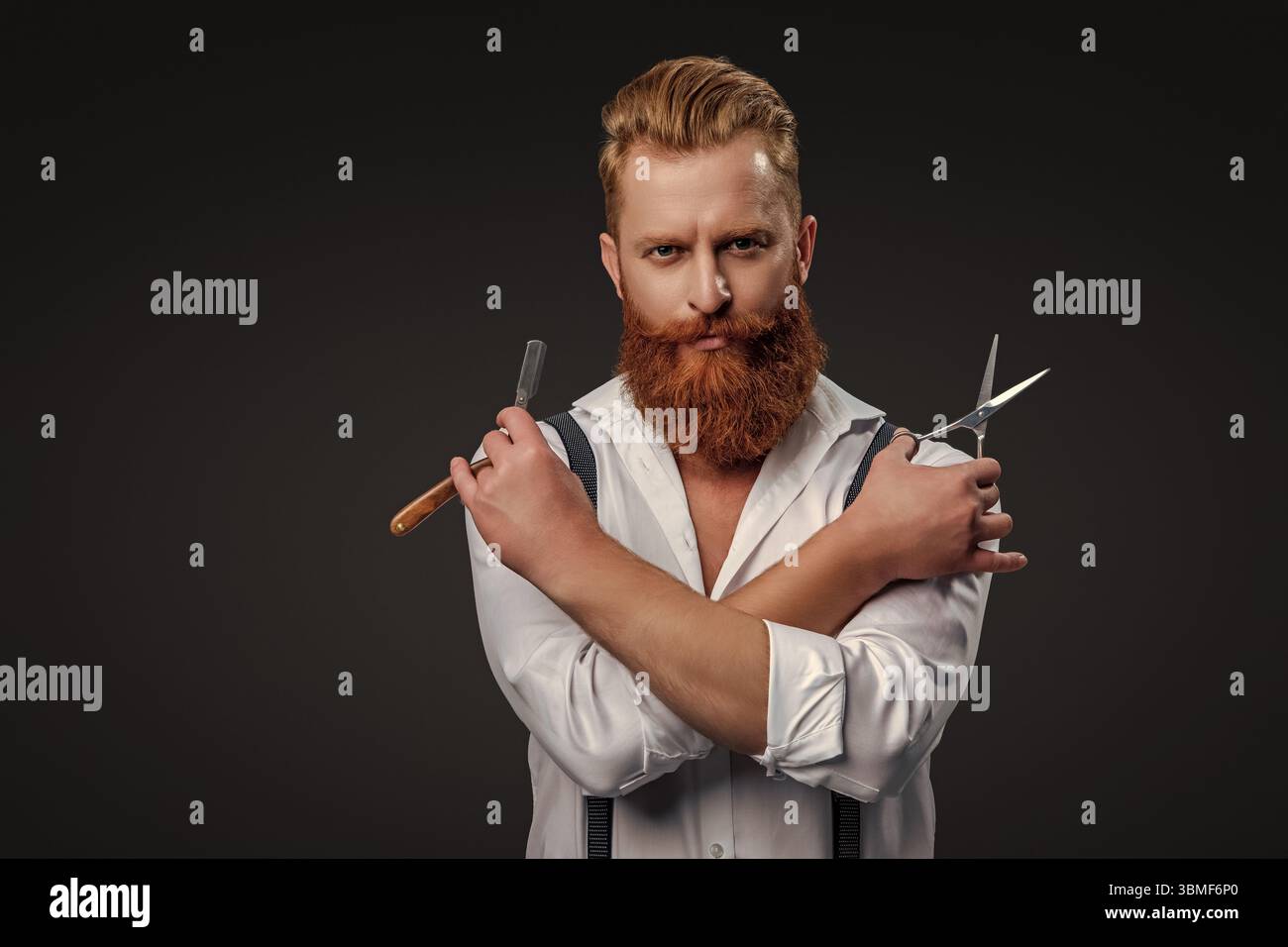 Barber man. Man barber with razor blade do haircut. Man barber making a ...