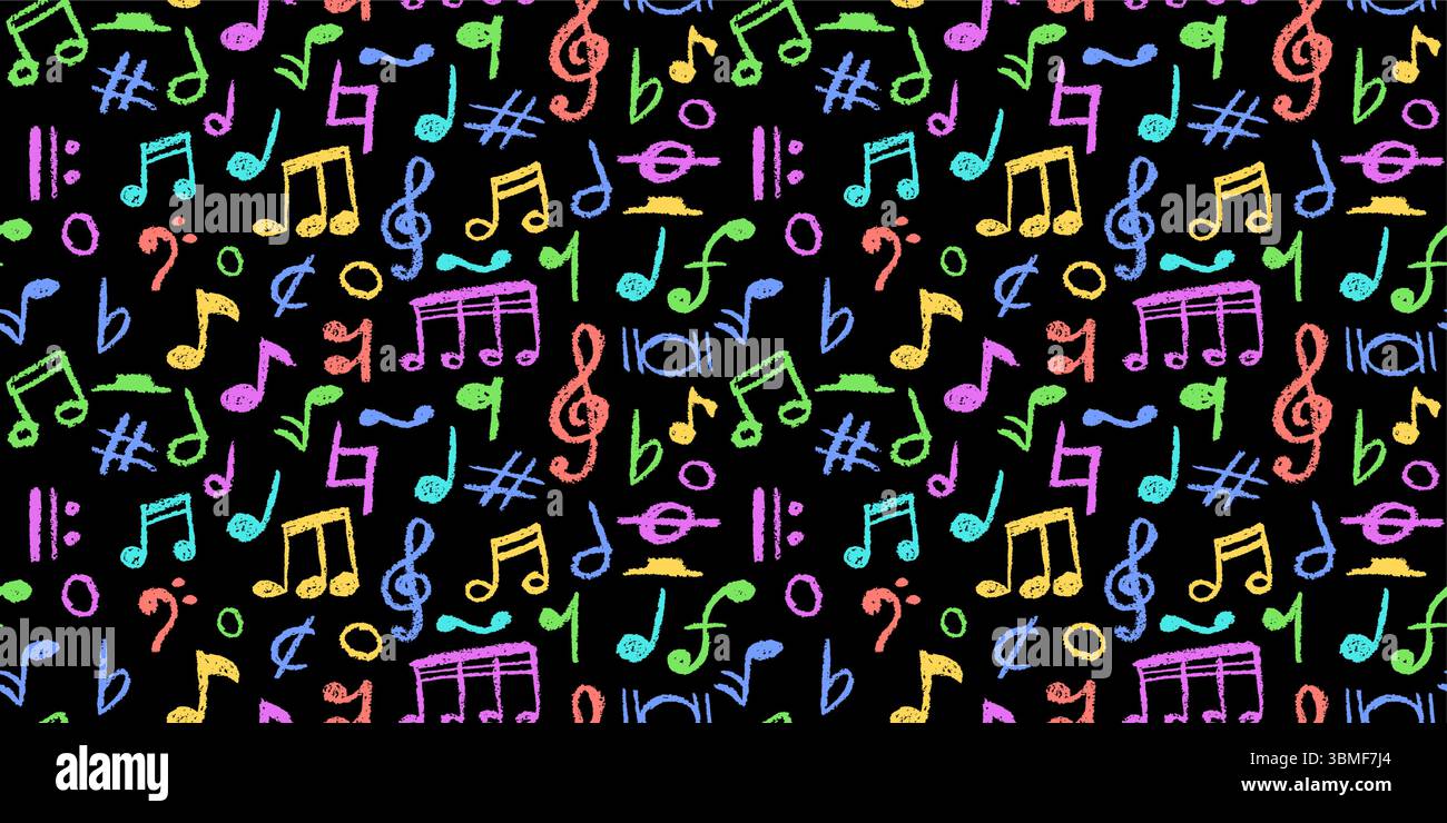 Handwritten pop music elements. Charcoal style seamless pattern. Scribble colorful notes for ...