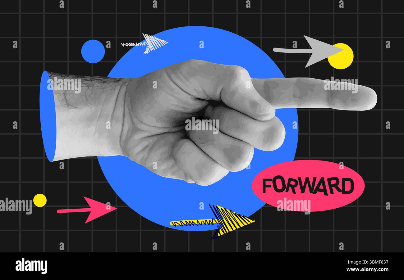 Trendy Retro Collage Hand pointing finger and forward arrow. Social ...