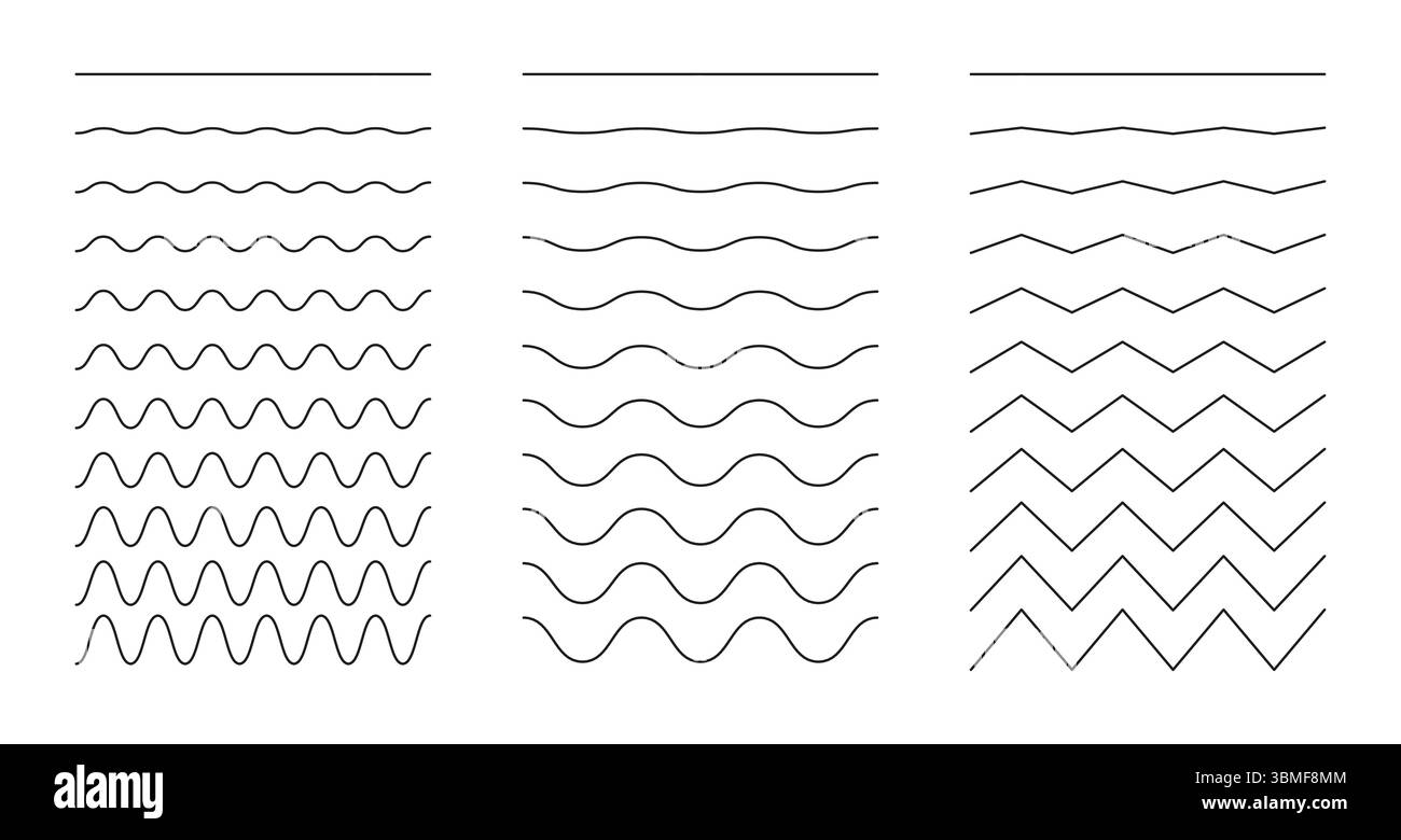 Set of curvy, wavy, zigzag lines. Simple undulate borders, transverse ...