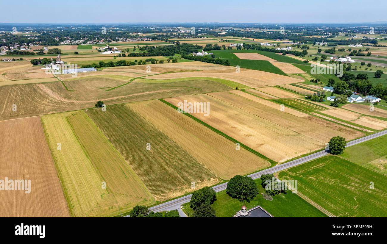 Aerial view showcases vast farmland with alternating patches of green ...