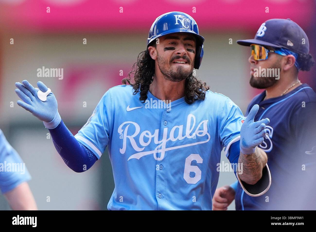 Kansas City Royals' Jonathan India celebrates on second after hitting a ...