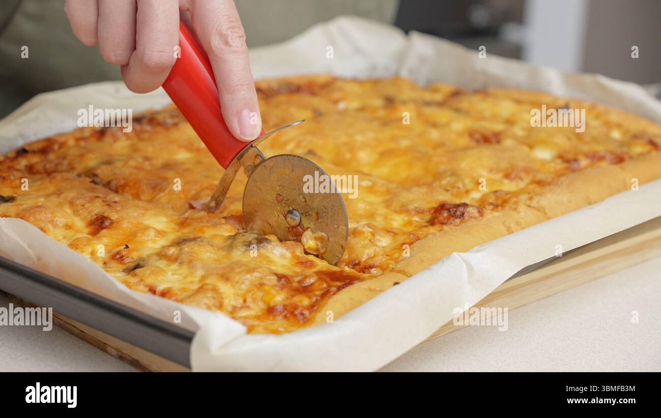 Cutting pizza with a round cutter knife. Close-up of delicious pizza ...