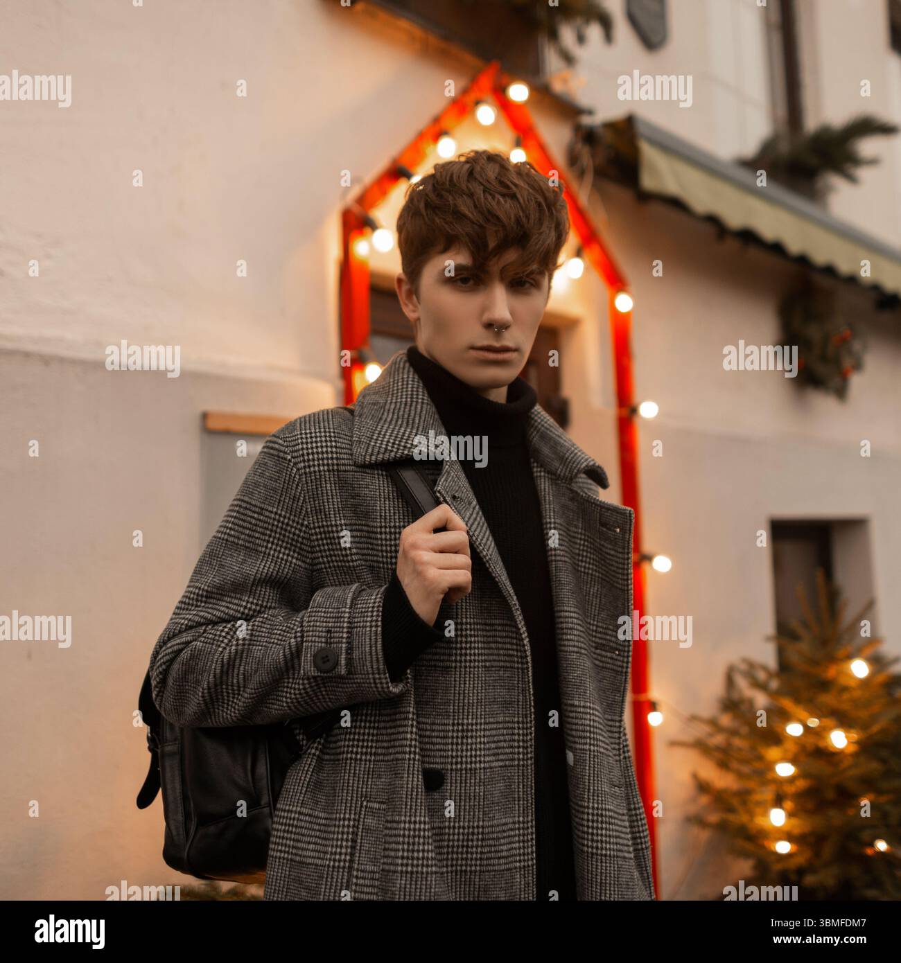 Handsome Young Man In A Trendy Plaid Coat With A Fashion Leather ...