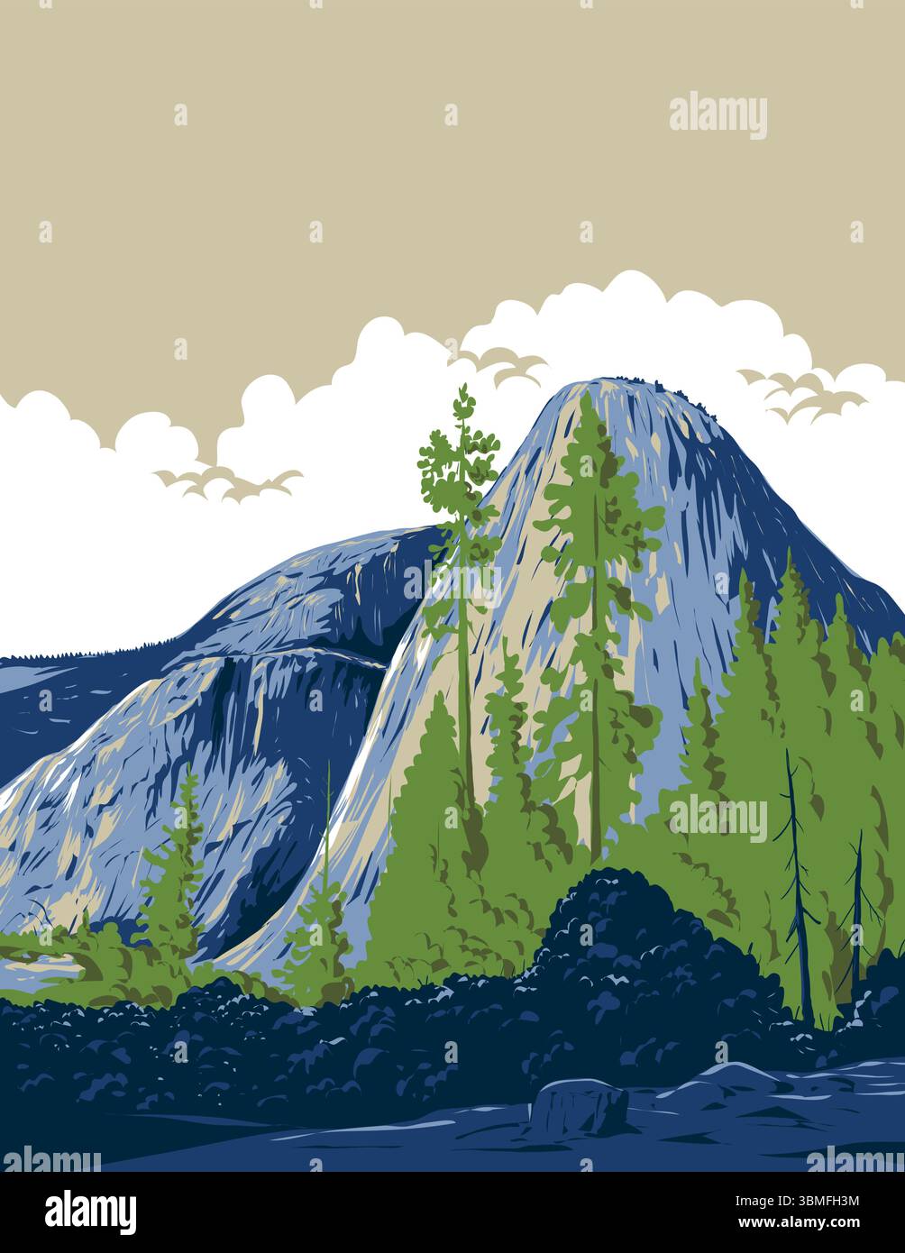 WPA poster art of Liberty Cap, Mount Broderick and Half Dome in Little Yosemite Valley on John ...