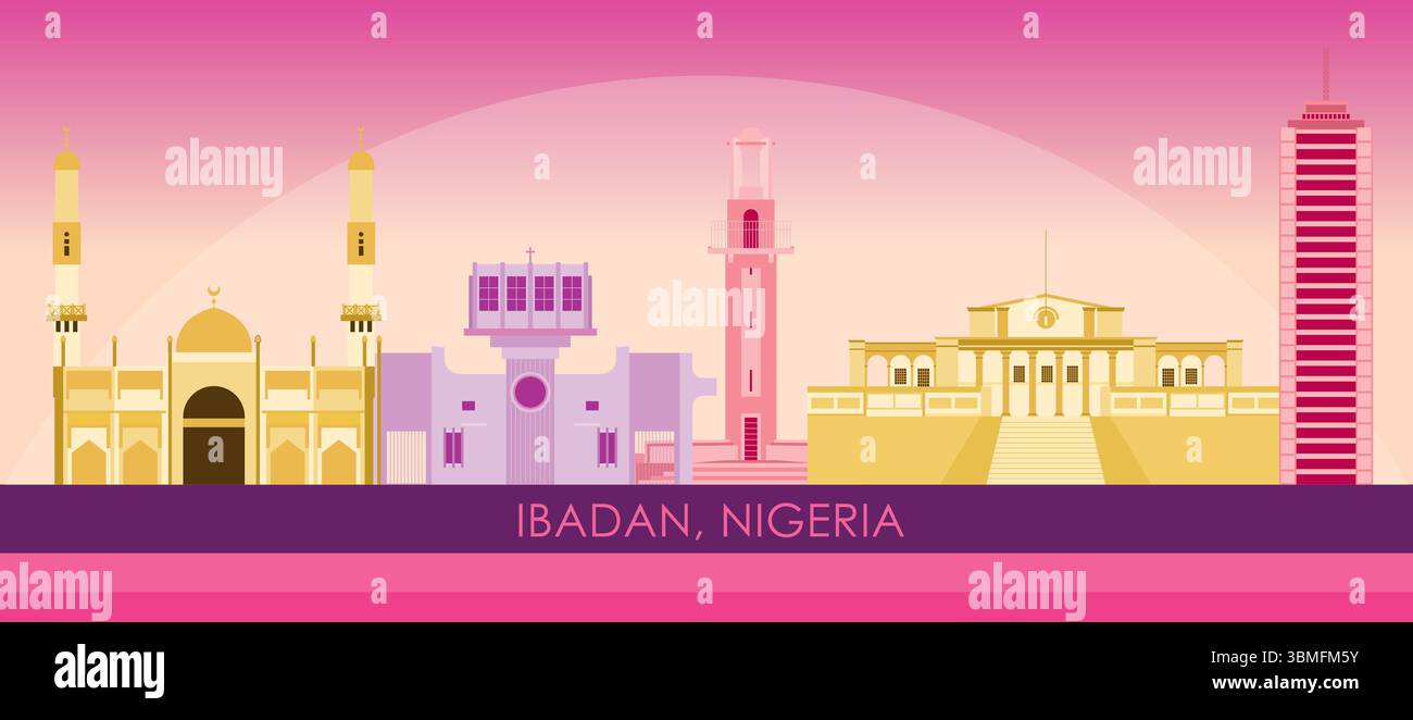 Sunset Skyline panorama of city of Ibadan, Nigeria- vector illustration ...
