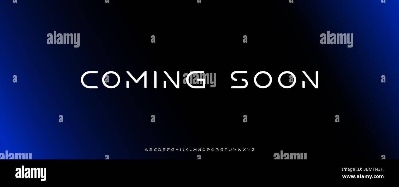 Coming soon futuristic text with scifi techno font on dark blue ...