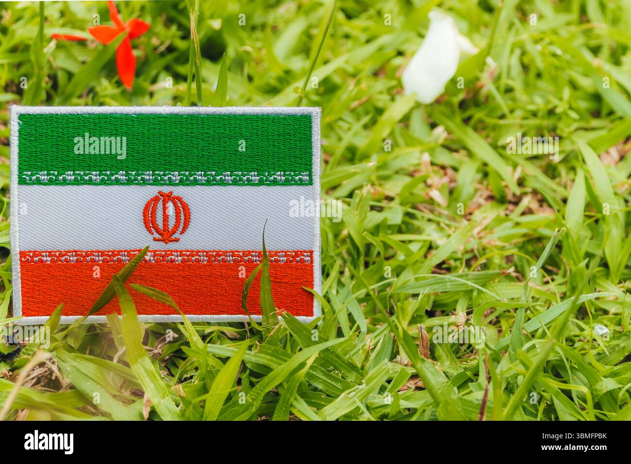 Embroidered Iran flag placed on green grass, with copy space under ...