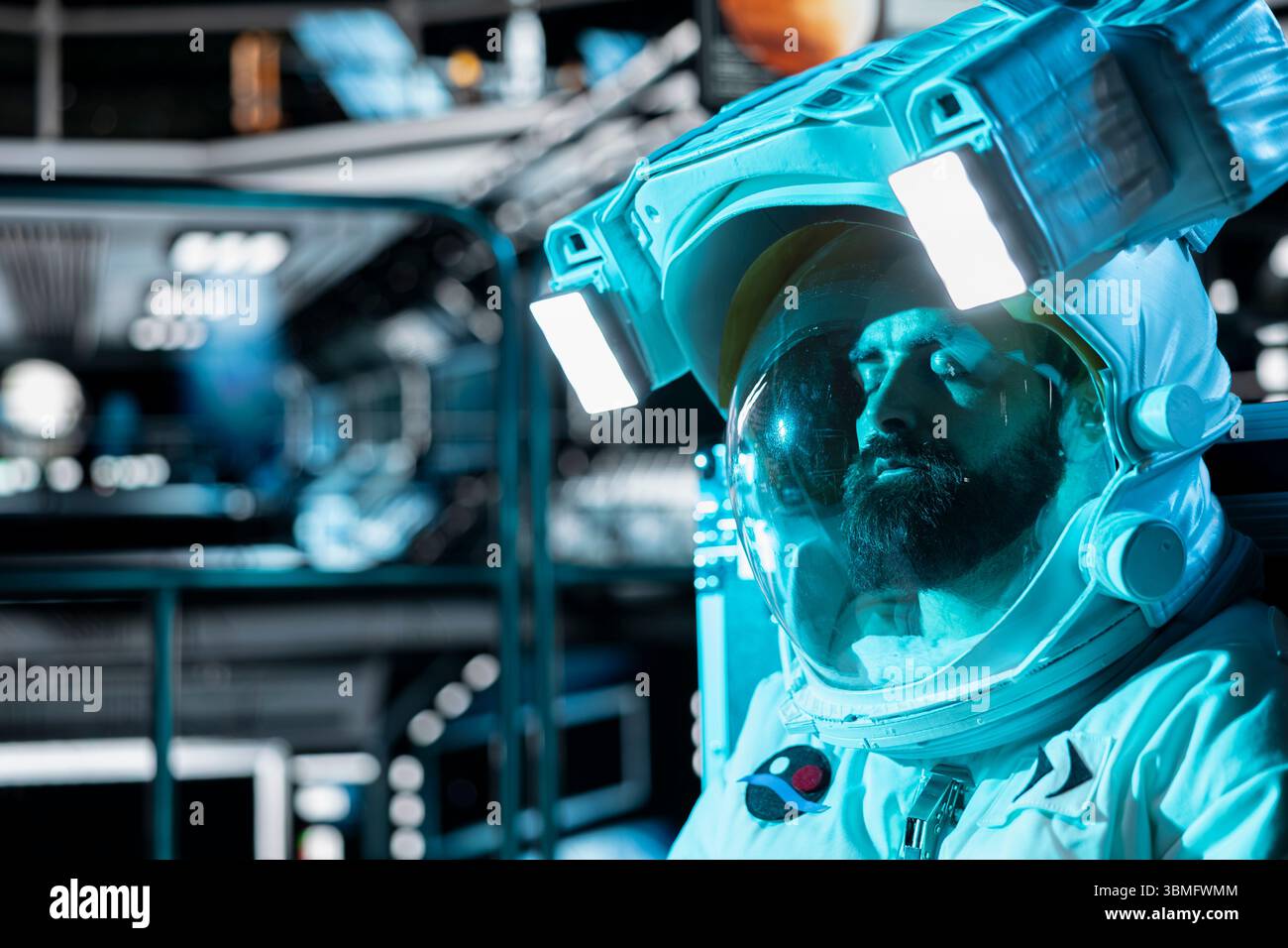 Close up of fatigued astronaut falling asleep in starship during long ...
