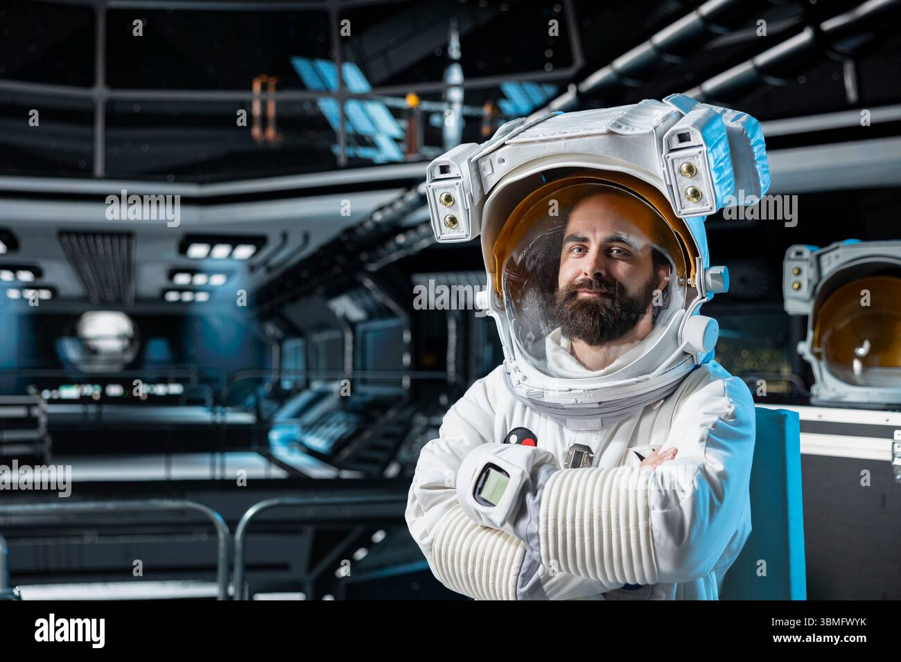 Portrait of astronaut researcher exploring deep space, carrying out ...