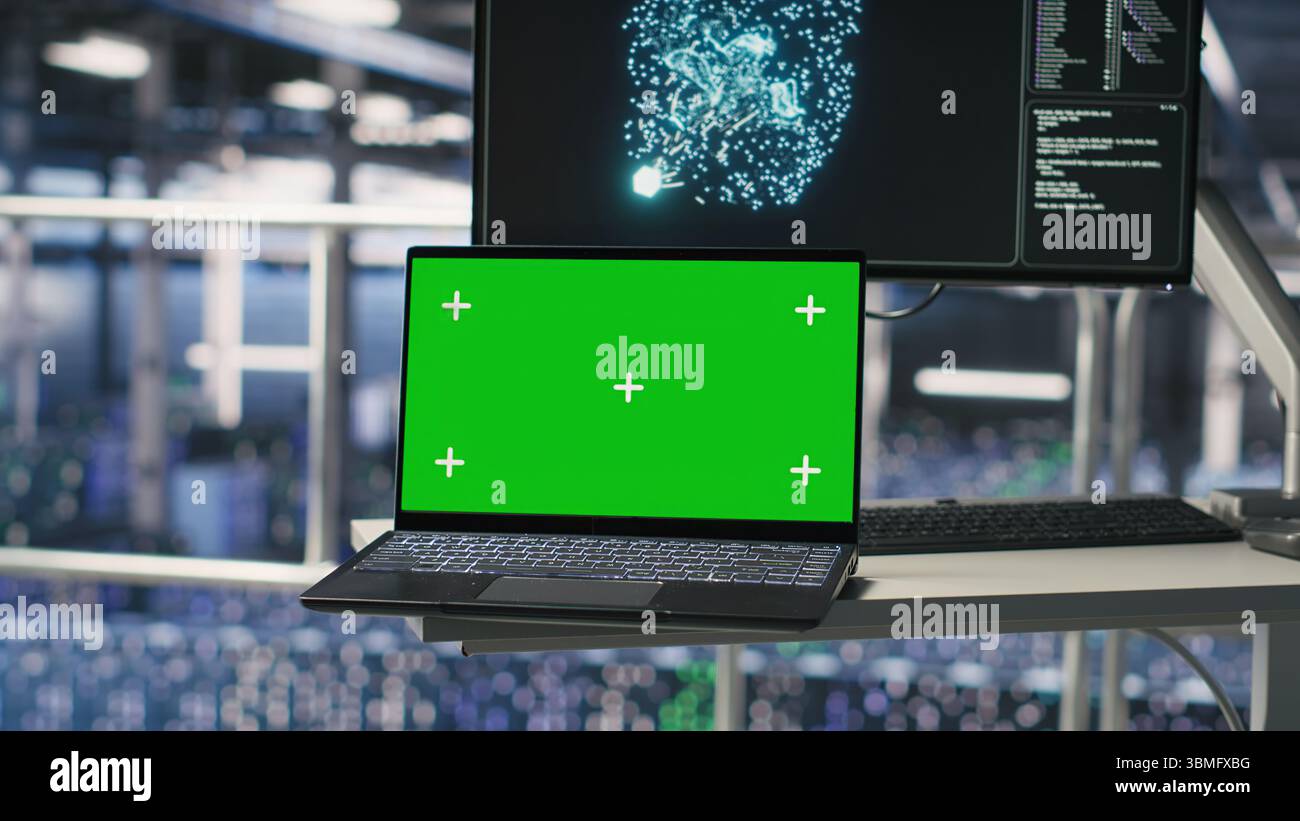 Mockup Notebook In Data Center Displaying Neural Network Activity Automated Infrastructure
