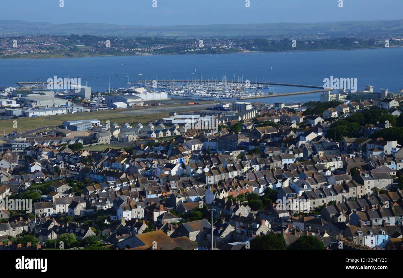 Aerial view of the town of Portland, Dorset, England, captured in June ...
