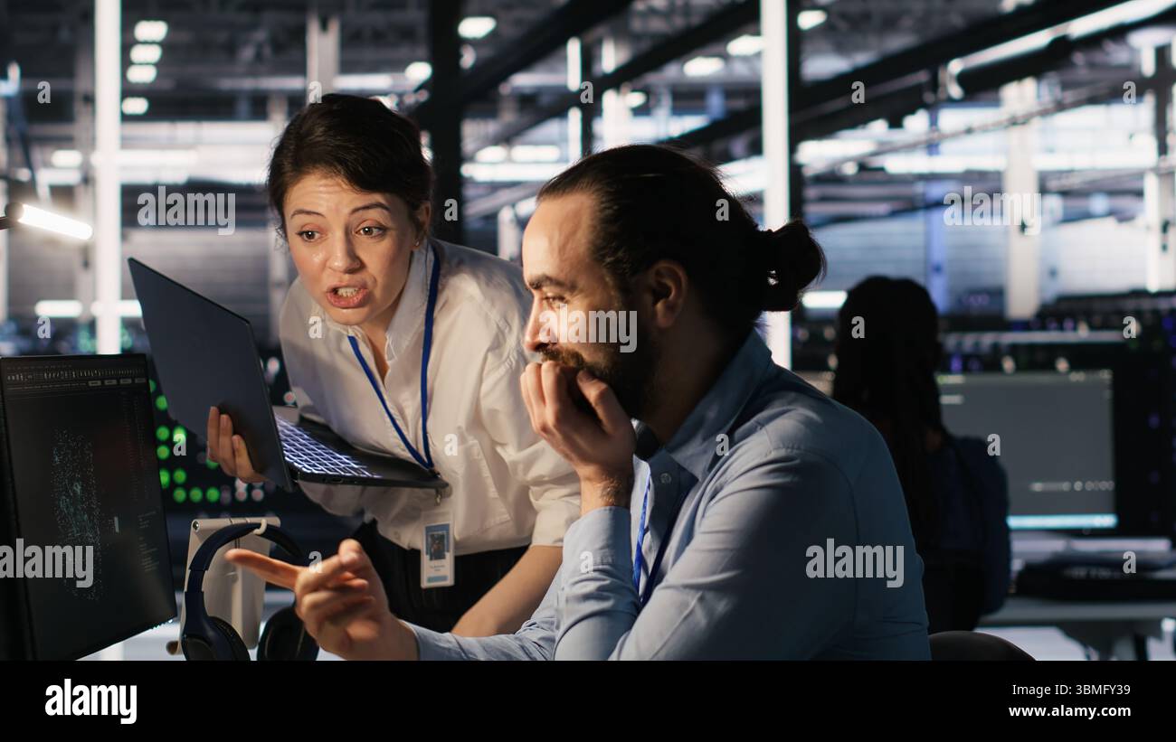 Programmers doing brainstorming in server room, reviewing neural network code and LLM ...