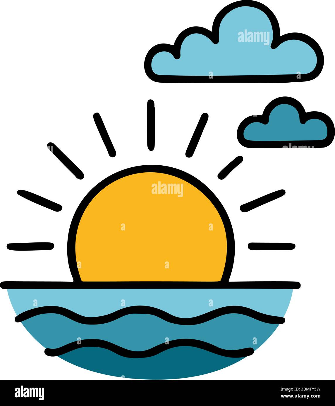 Simple line drawing illustration. The sun rises over the ocean, with light rays emanating from ...