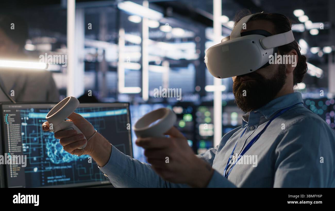 Data center technician using VR headset to monitor neural network AI LLM visualization. Server ...