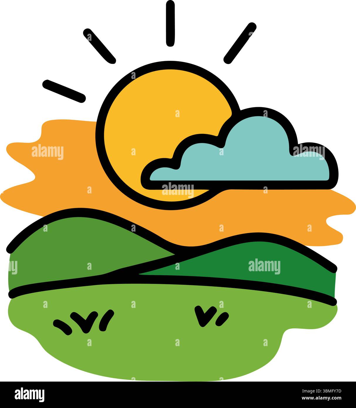 Hand drawn outdoor landscape vector doodle shows sun, a cloud, rolling ...
