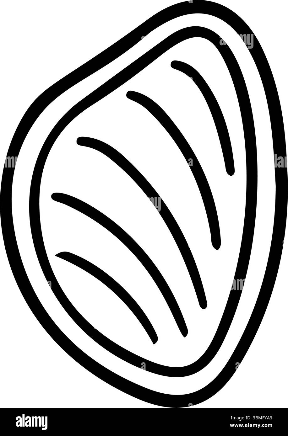 Depicts a minimalist, hand-drawn clam shell, outlined in black. The ...