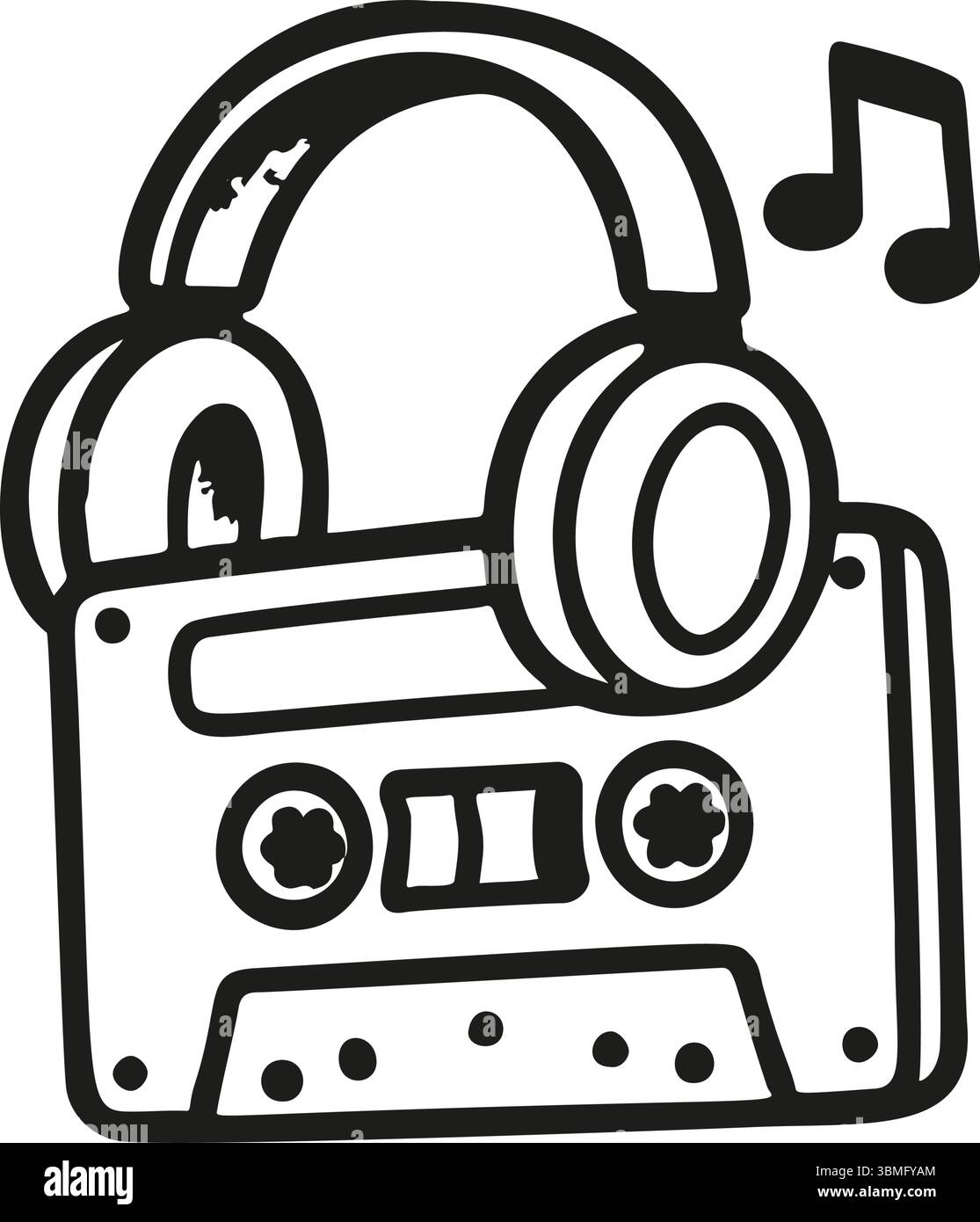 Hand drawn illustration shows a music cassette tape with headphones on ...
