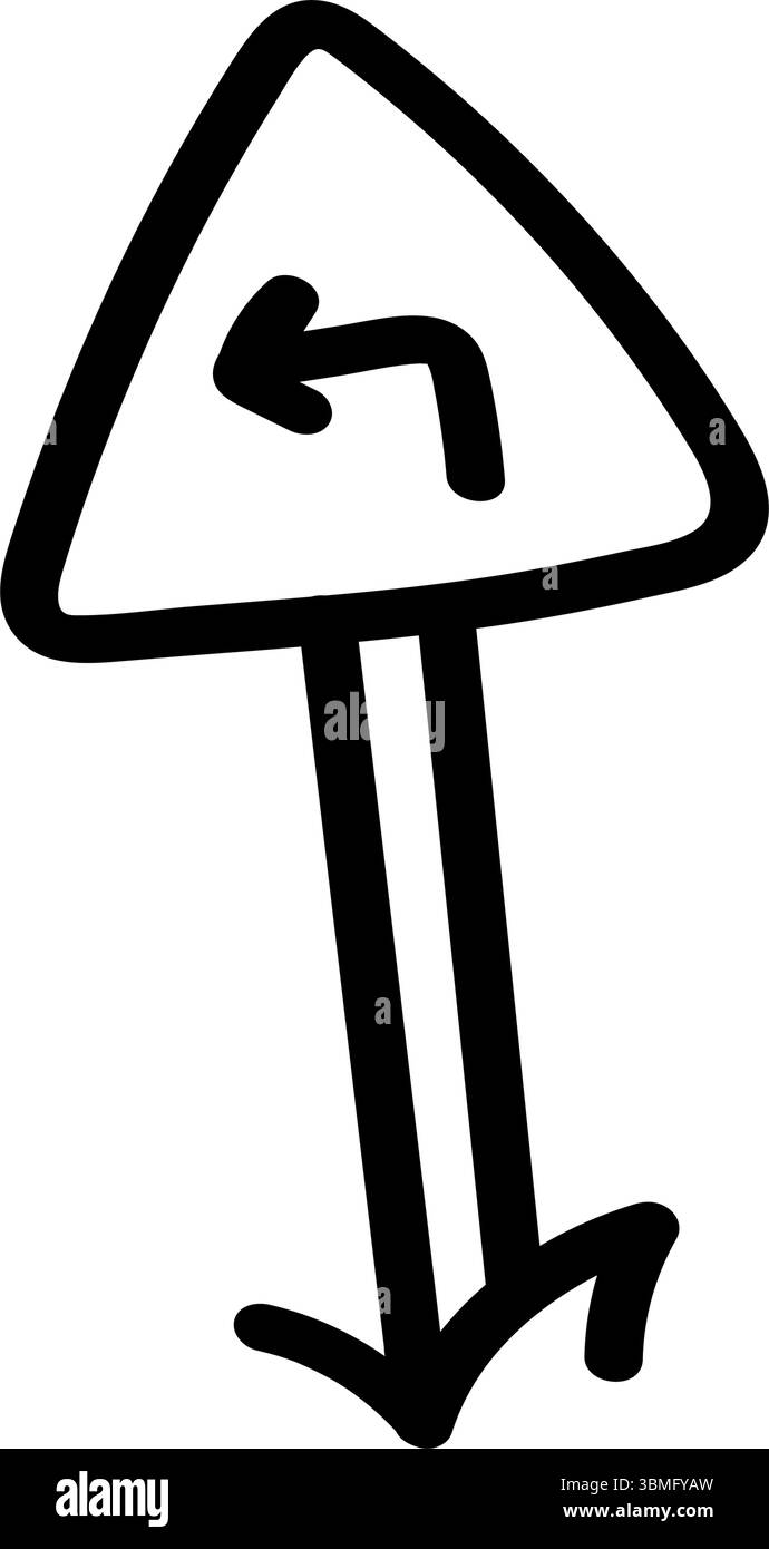 The hand drawn icon presents a triangular road sign with an arrow ...