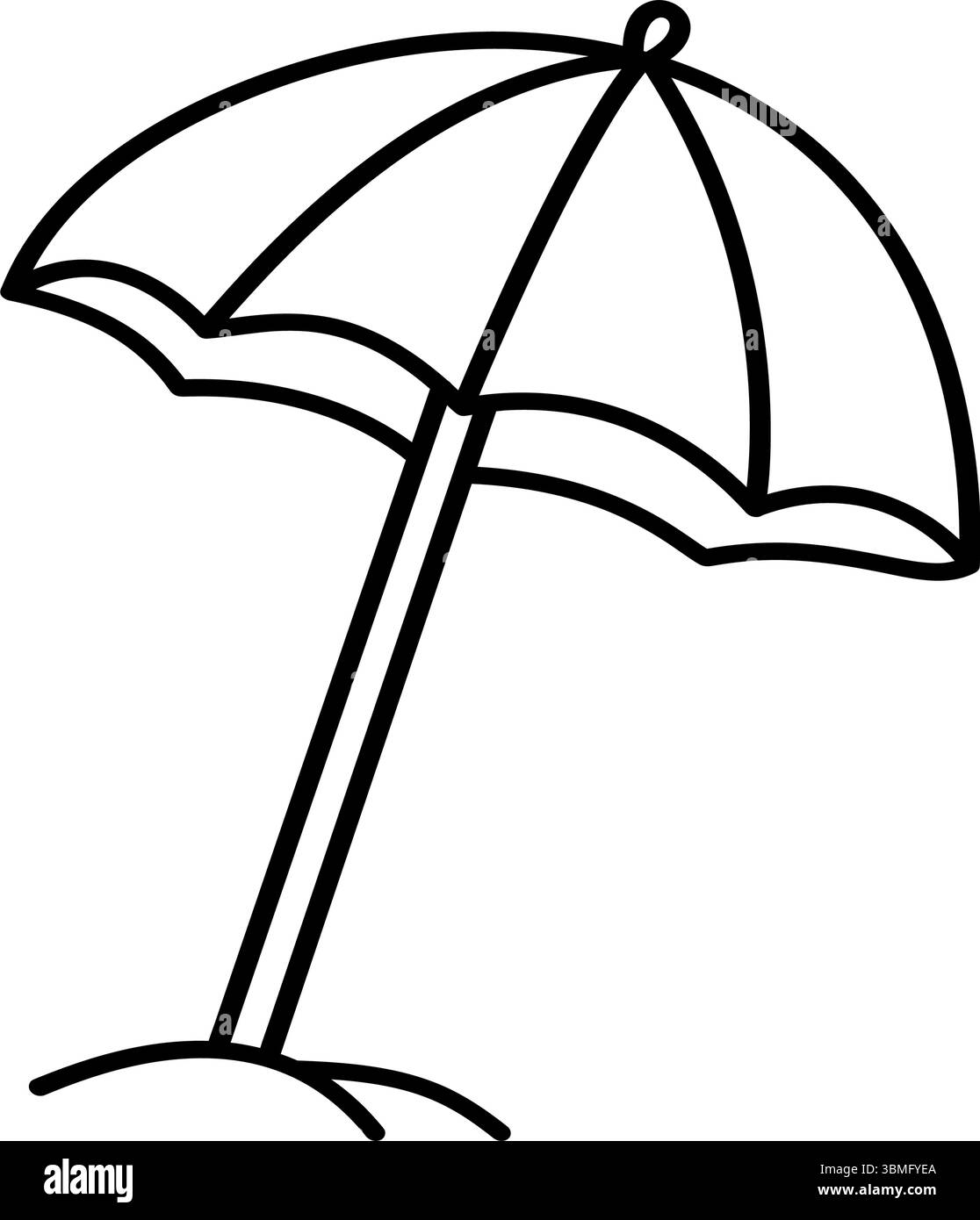 A black outline drawing of a beach umbrella planted in the sand. The ...