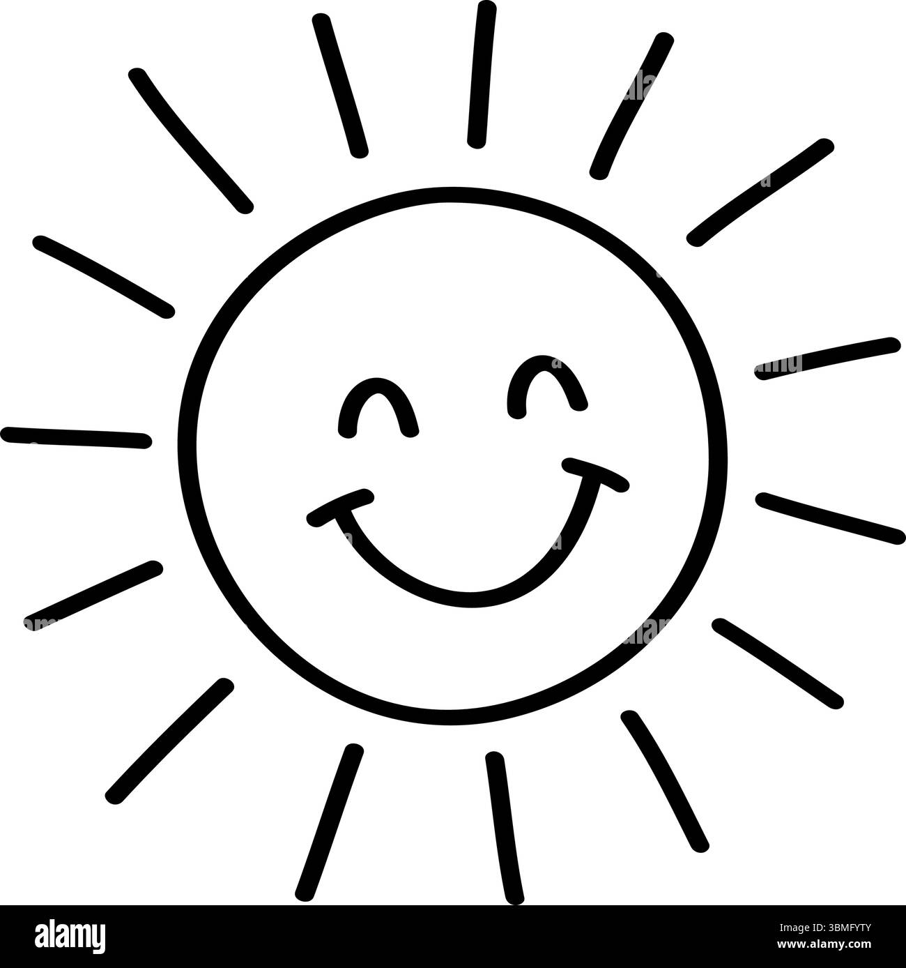 Smiling sun graphic with hand drawn line art. Sunshine icon represents ...