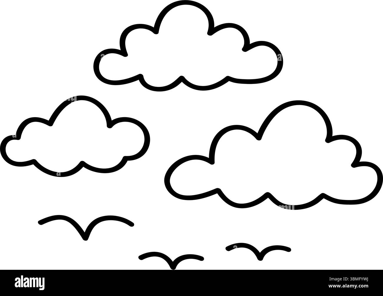 Three simple line art clouds floating in the sky with some birds flying ...