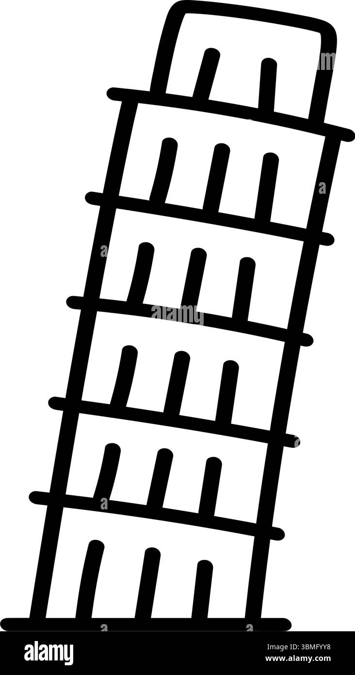 A hand-drawn, simple line icon showing the Leaning Tower of Pisa. It is ...
