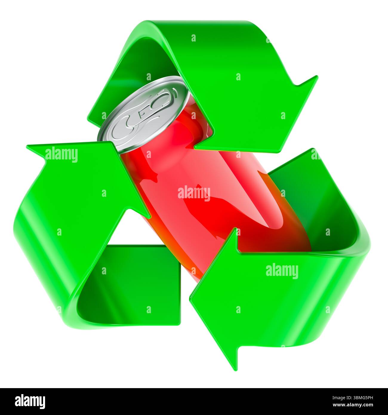 Metal recycling, concept. Metallic beverage can inside green recycling ...