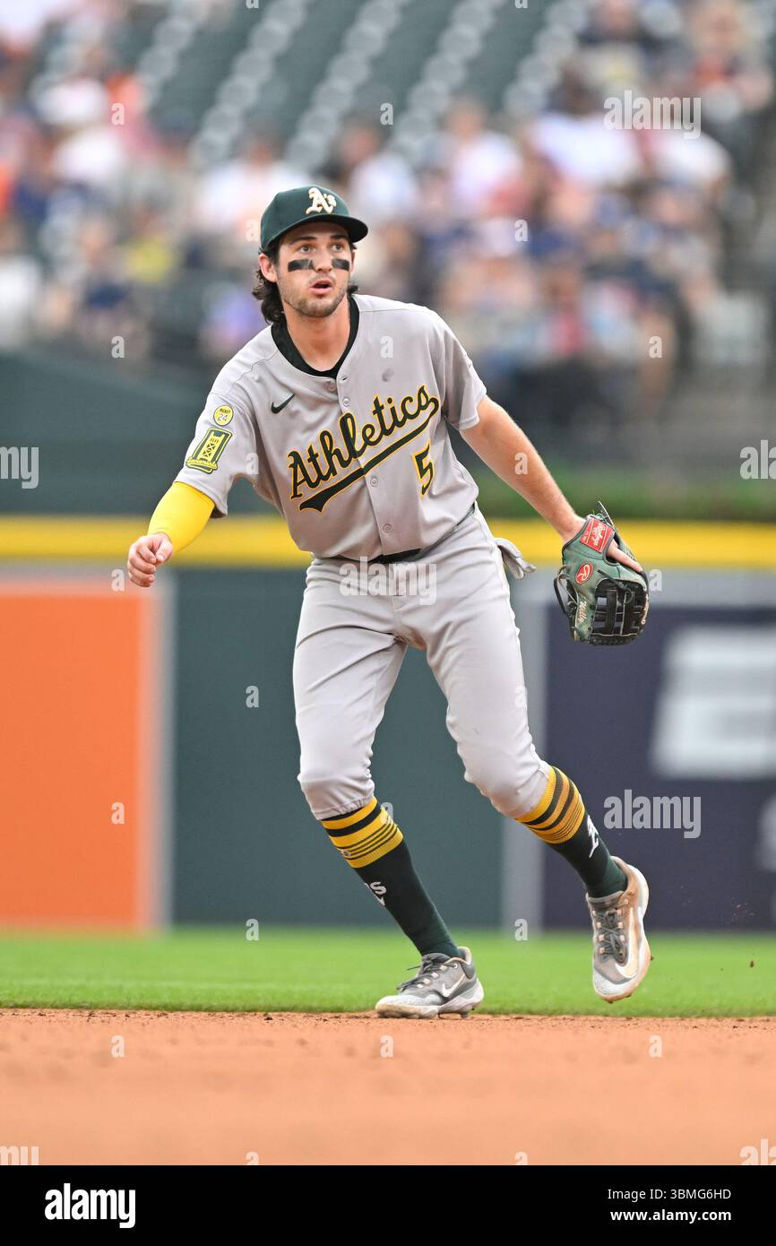 DETROIT, MI - JUNE 26: Athletics SS Jacob Wilson (5) in the field during the game between ...