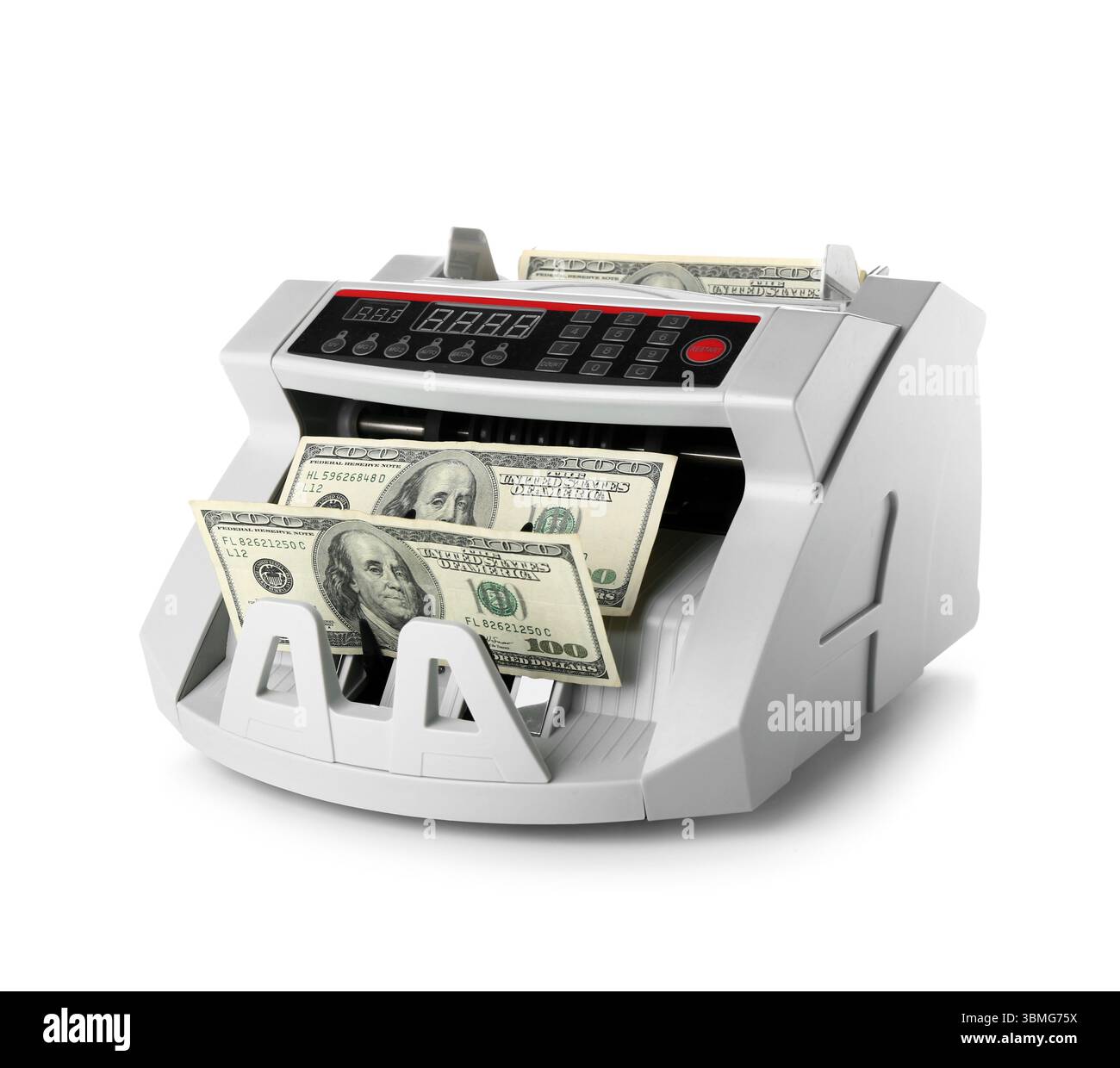 Modern cash counting machine with dollar banknotes on white background ...
