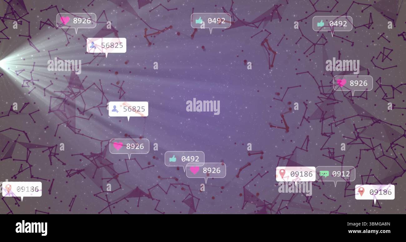 Radiating abstract network forming with purple nodes in digital space ...