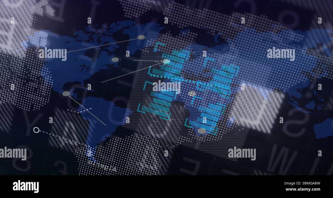 Displaying central digital world map graphic floating in virtual ...