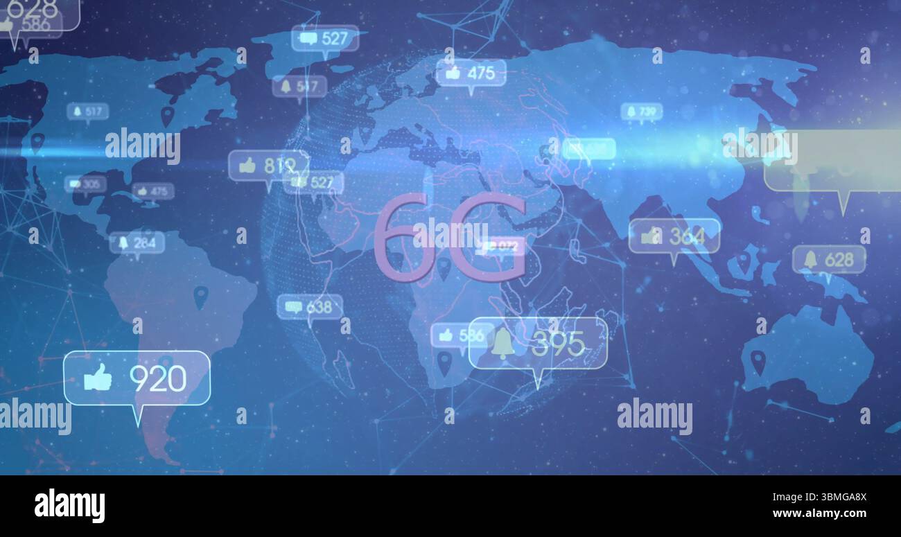 Projecting large pink 6G text floating over world map interface with ...
