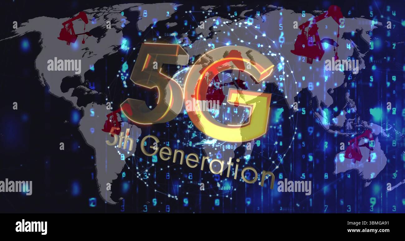 Displaying gold 5G label with 5th Generation text over world map ...