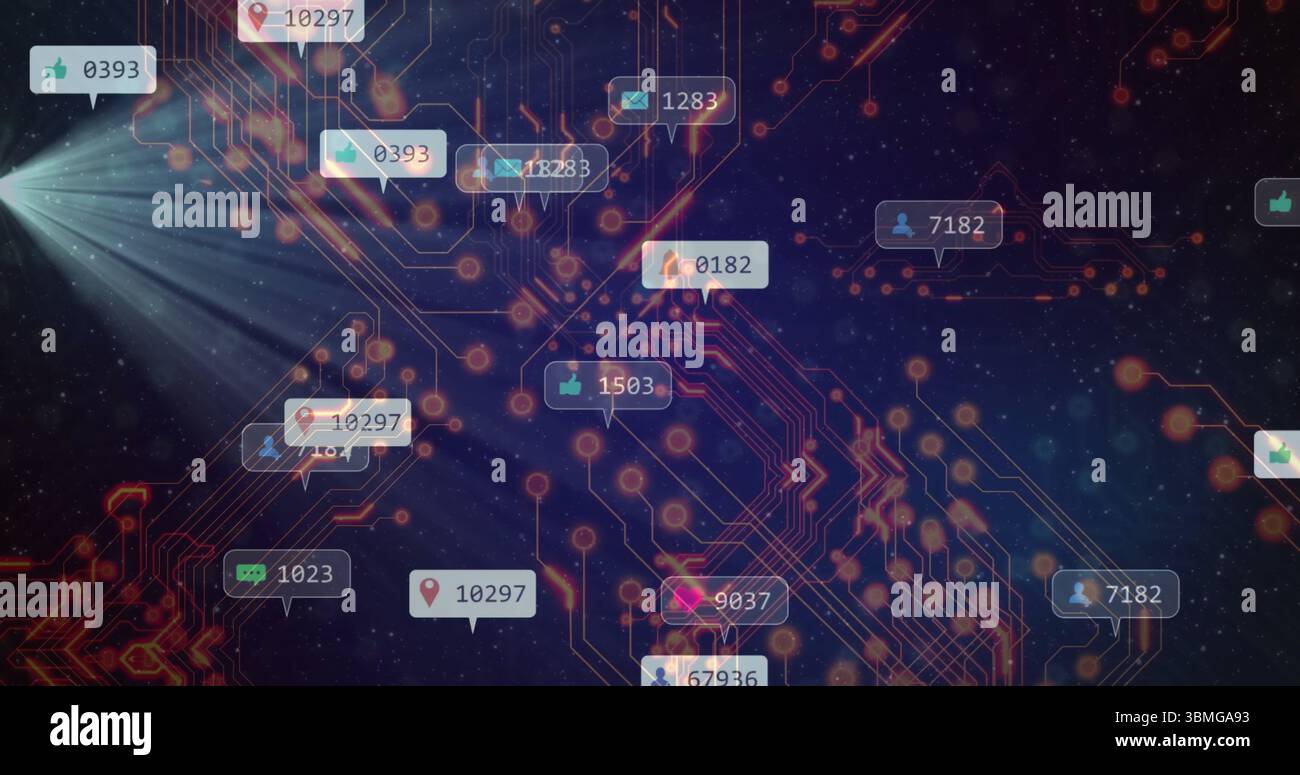 Glowing neon circuit network pulsing in digital grid, with social media notification icons Stock ...