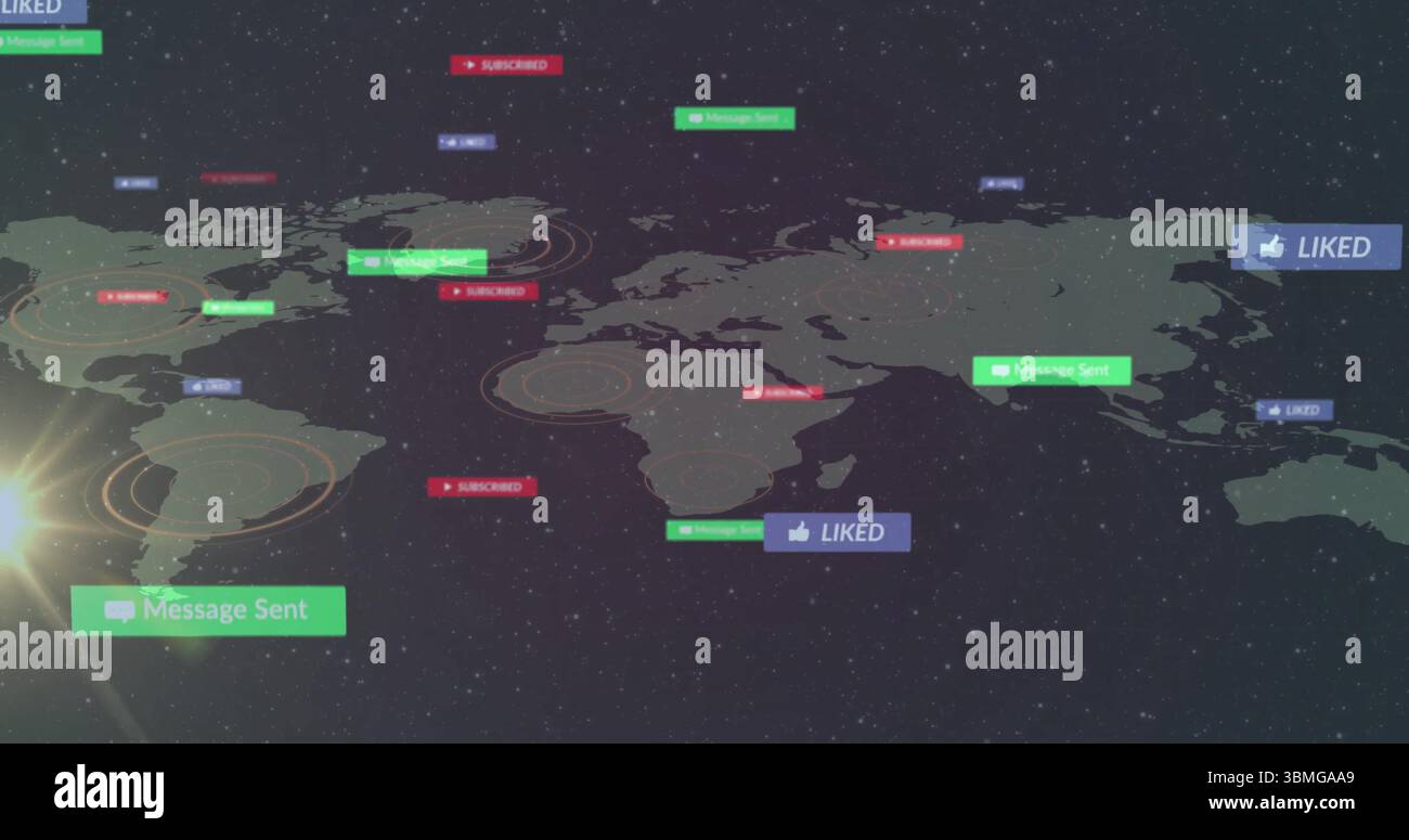 Displaying stylized world map floating in space, with pinpoint circles and notification labels ...