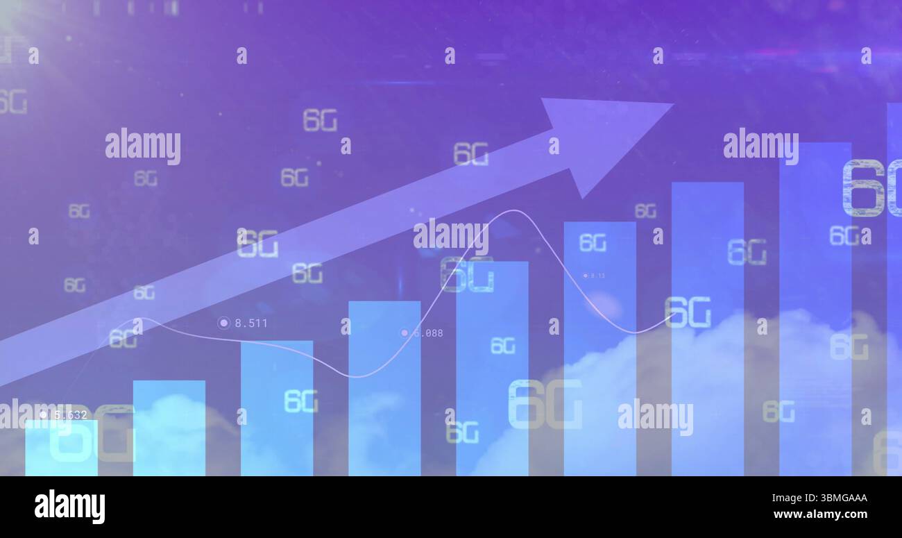 Translucent blue bar chart rising across purple gradient backdrop, with ...