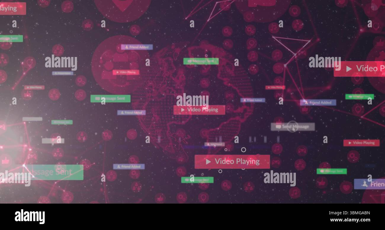 Displaying abstract network interface in cyberspace, with world map outline and floating UI ...