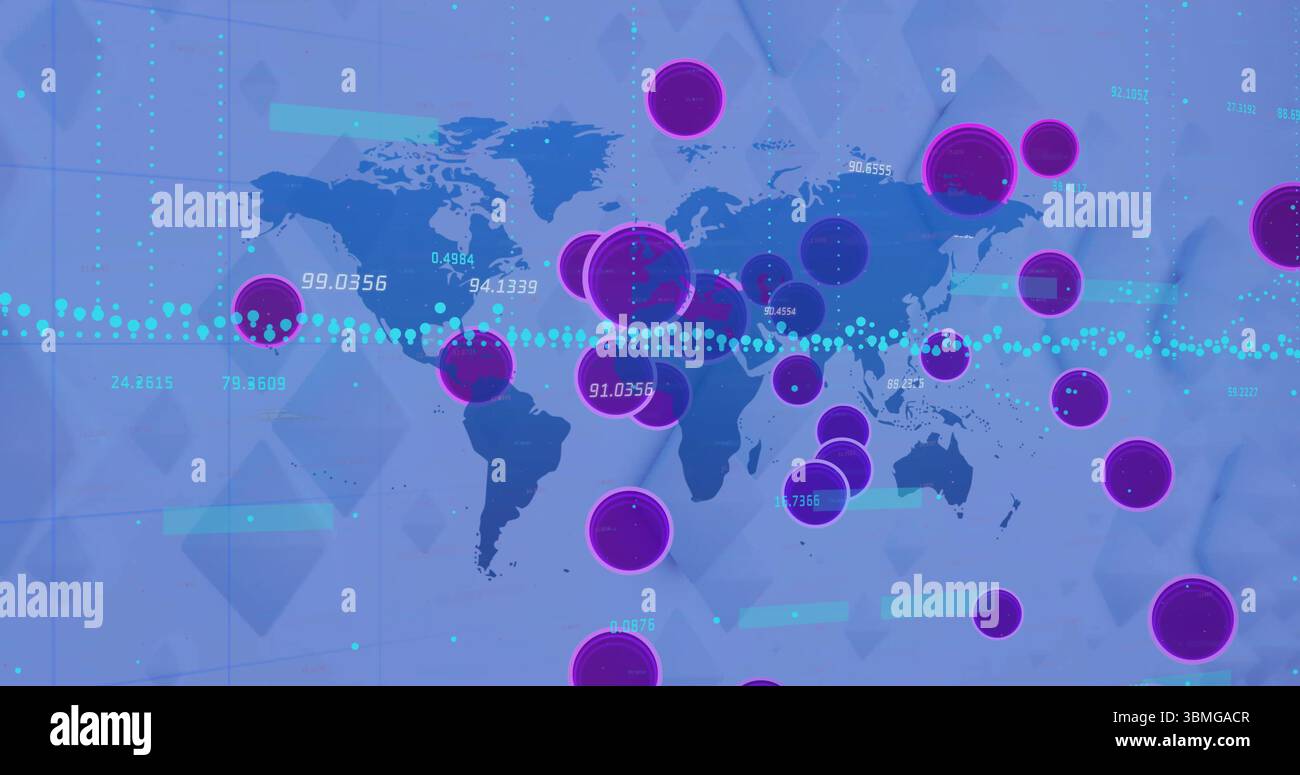 Displaying map on data dashboard with purple markers, numeric labels, dashed line, triangular ...