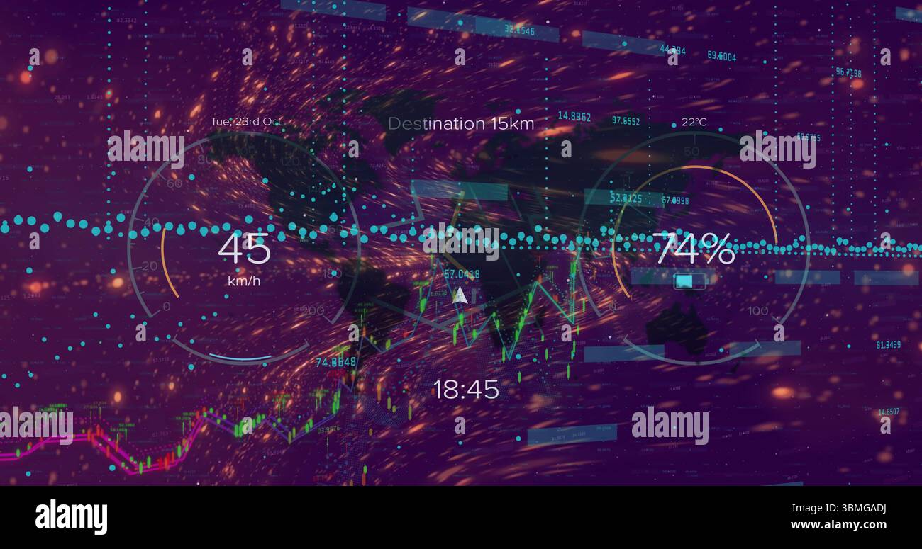Displaying data overlay at virtual dashboard, with circular gauges, line chart and text ...